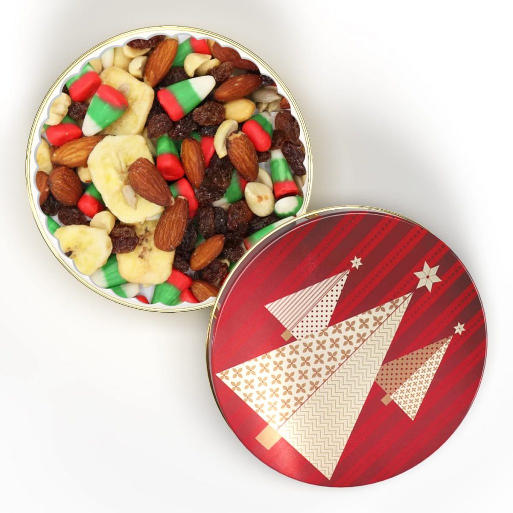 Holiday Trail Mix Round Tin | LorentaNuts.com