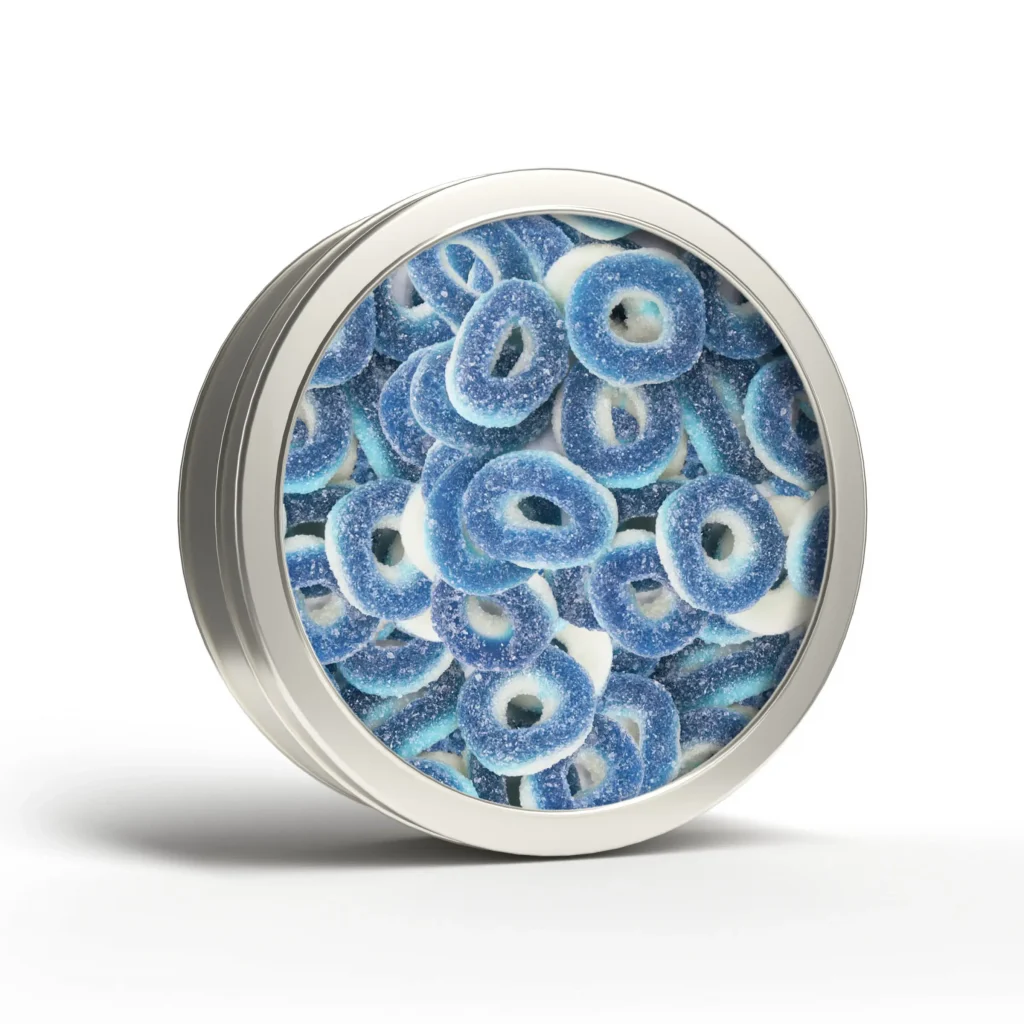 Gummy Ring Blue Raspberry Round Tin | LorentaNuts.com