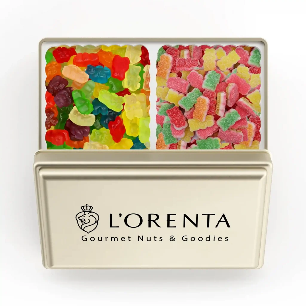 12 Flavor / Color / Sour Triple Gummy Bears Gold Tin | LorentaNuts.com
