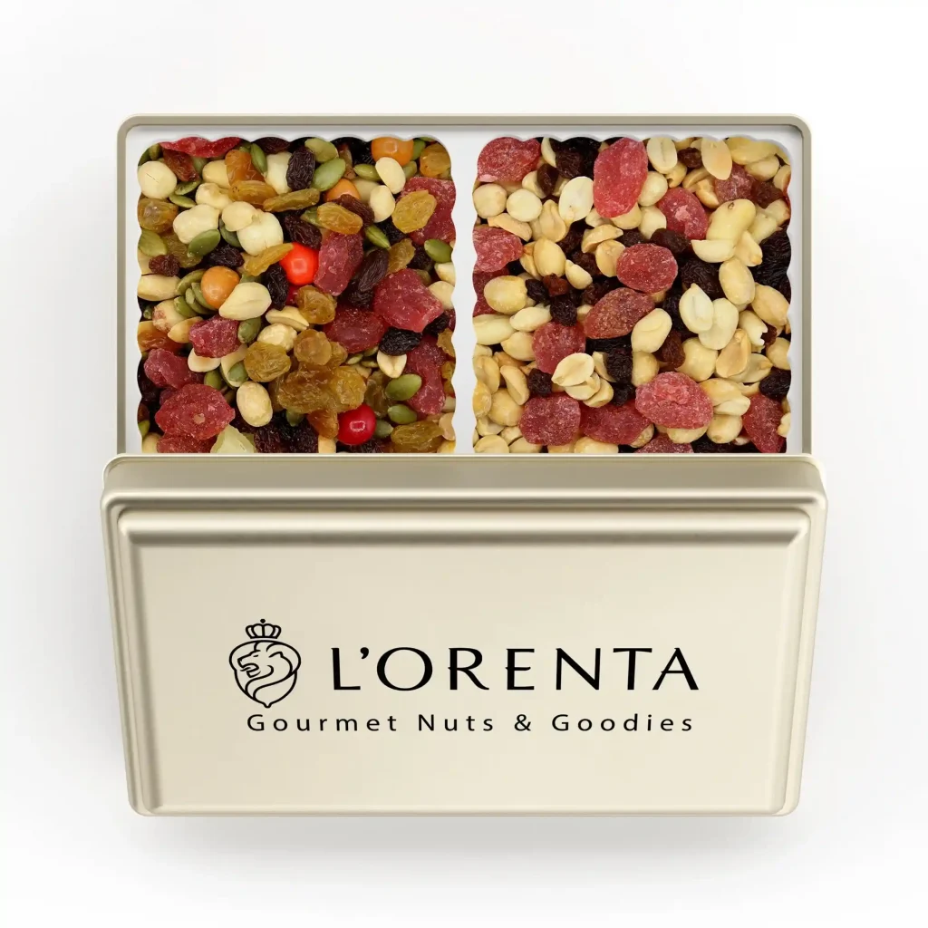 Supreme Trail Mix / PB&J Mix Gold Tin | LorentaNuts.com