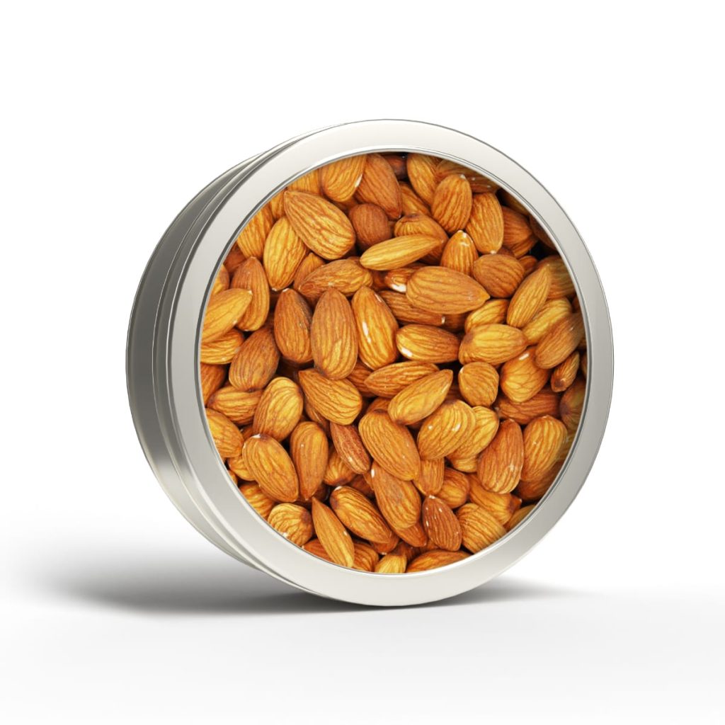 Whole Natural Almonds Round Tin Gift | LorentaNuts.com